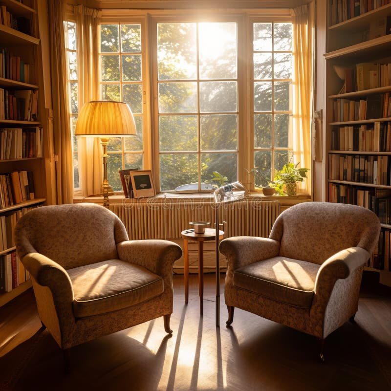 Two Chairs by a Large Library Window Create a Serene Reading Spot Stock ...