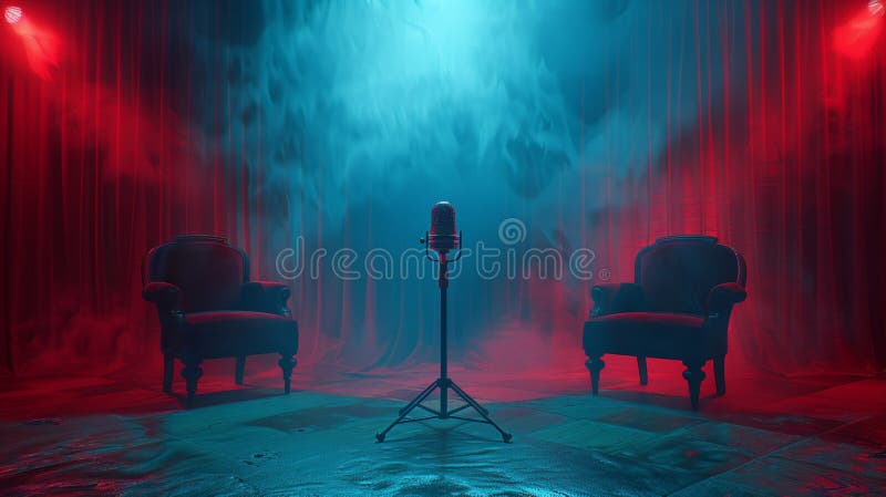 Two Chairs and a Microphone Wait Silently on a Deserted Stage, Poised ...
