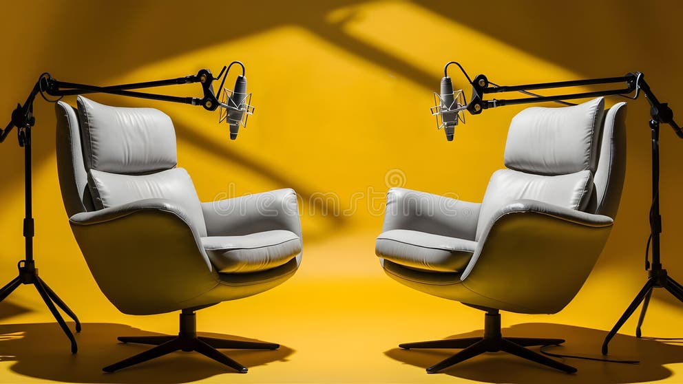 Two Chairs and Microphones in Podcast or Interview Room Isolated on ...