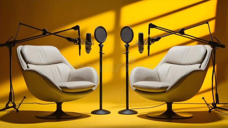 Two Chairs and Microphones in Podcast or Interview Room Isolated on ...