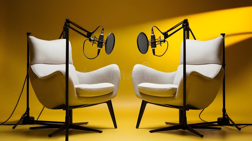 Two Chairs and Microphones in Podcast or Interview Room Isolated on ...