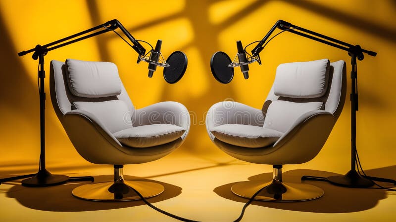 Two Chairs and Microphones in Podcast or Interview Room Isolated on ...