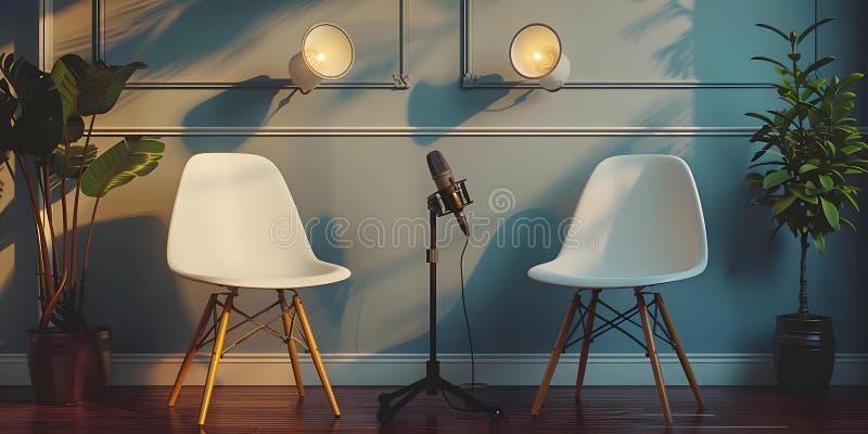 Two Chairs and Microphones Set Up in a Podcast or Interview Room ...