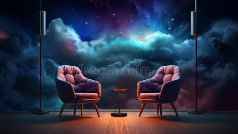 Two Chairs for Podcast or Interview Room on Cosmic Space Background ...