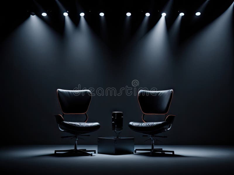 Two Chairs and Spotlights in Podcast or Interview on Black Background ...