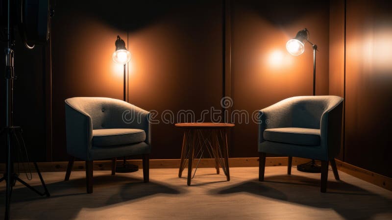 Two Chairs and Spotlights in Podcast or Interview Room. Generative AI ...