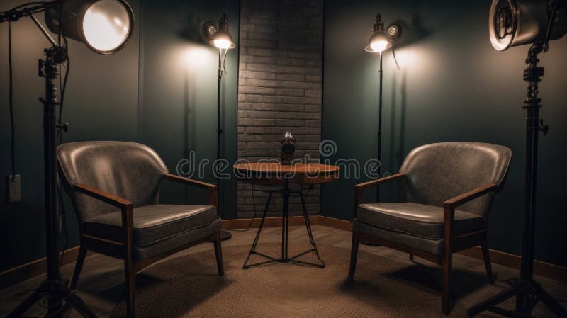 Two Chairs and Spotlights in Podcast or Interview Room. Generative AI ...