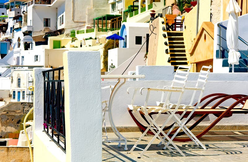 Two Chairs on Terrace of Santorini, Crete, Greece Stock Photo - Image ...