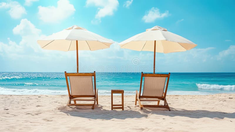 Two Chairs and Umbrellas are Set on a Sandy Beach, Overlooking the ...