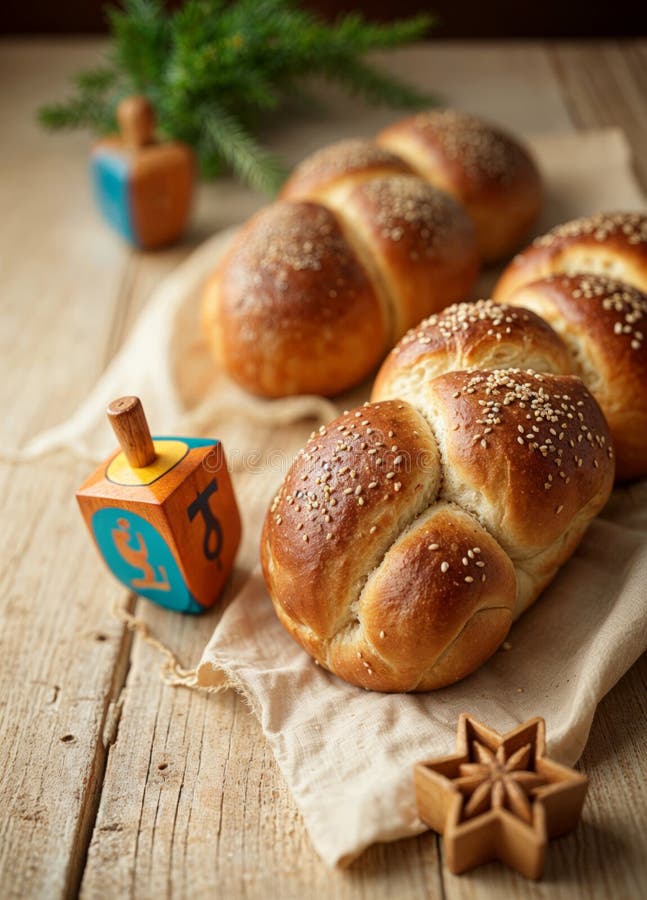 Two Challah Breads on a Wooden Table with a Star of David on ...