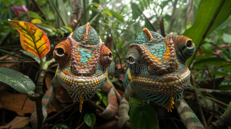 Two Chameleons in a Lush Forest Stock Photo - Image of animals ...
