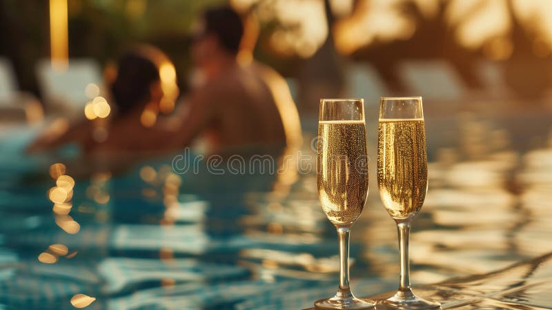Two Champagne Glasses are on a Table Next To a Pool Stock Illustration ...
