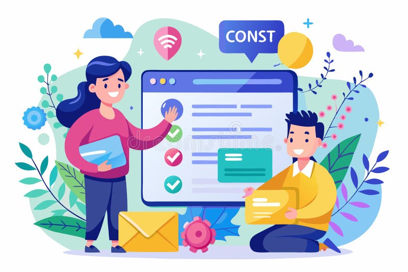 Two Characters Happily Interacting with Technology and Information ...