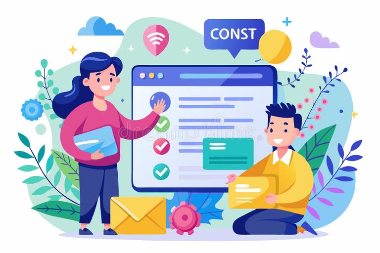 Two Characters Happily Interacting with Technology and Information ...