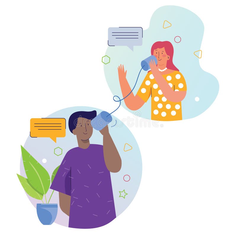 Two Characters Man and Woman Talk Communicate Using Tin Phone String ...