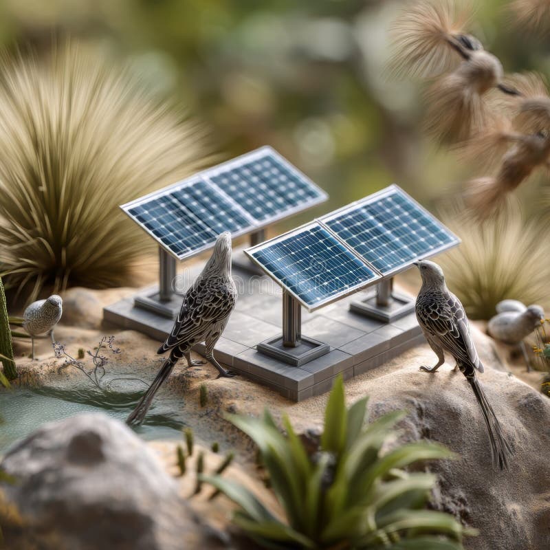 Two Charming Birds Perched on a Rock Atop a Sleek Solar Panel ...