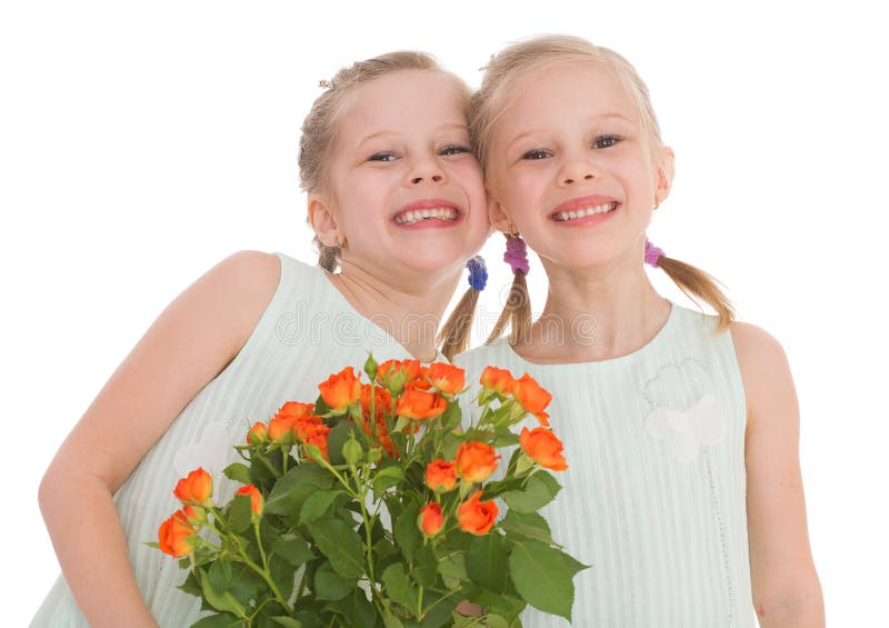 Two Charming Girls with Bouquets of Roses. Stock Image - Image of ...