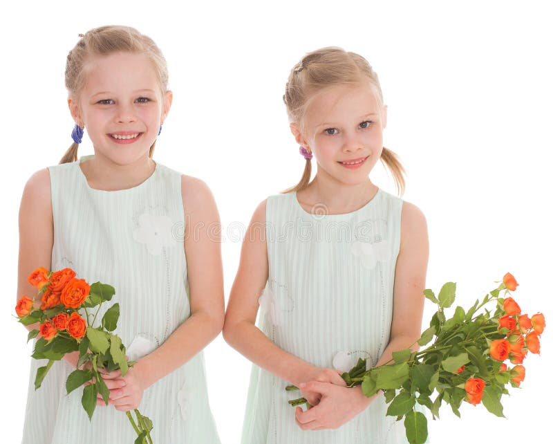 Two Charming Girls with Bouquets of Roses. Stock Image - Image of ...