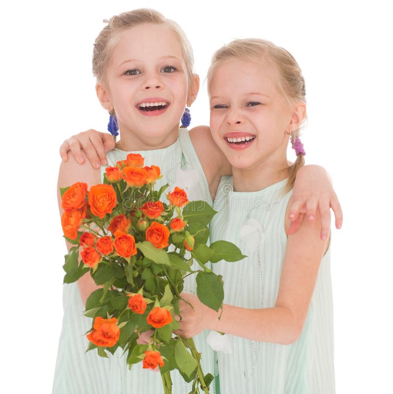 Two Charming Girls with Bouquets of Roses. Stock Photo - Image of ...