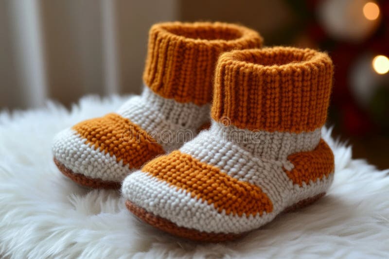 Two Charming, Handmade Baby Booties, Knitted in Orange and White Yarn ...