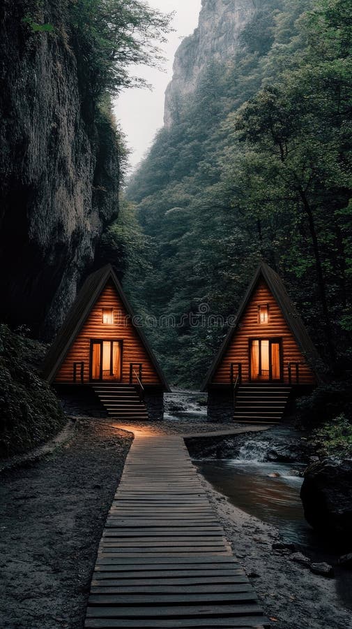 Two Charming Log Cabins Stand in a Wooded Landscape, Connected by Stone ...