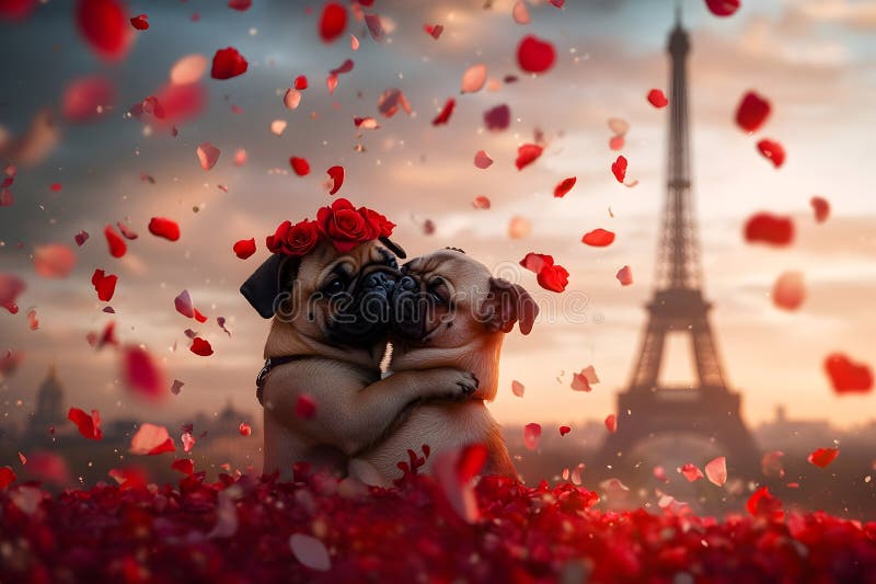 Adorable Pug Couple Celebrating Valentineâ€™s Day in Paris Stock ...