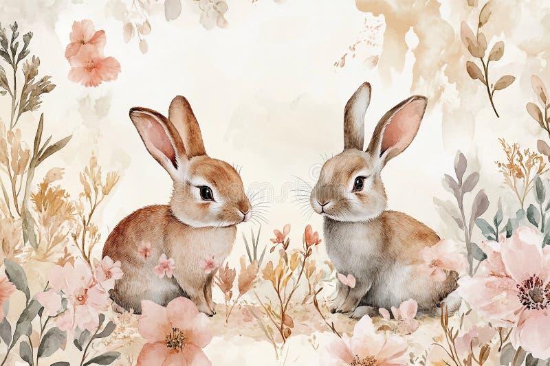 Two Charming Rabbits Sit Amid Delicate Flowers in a Serene, Pastel ...