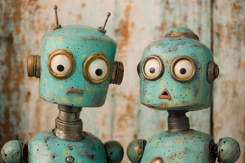 Two Charming Vintage Robots Display Emotions of Surprise and Curiosity ...
