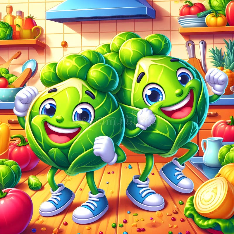 Two Cheerful Brussels Sprouts Having Fun in the Kitchen Stock Illustration - Illustration of ...