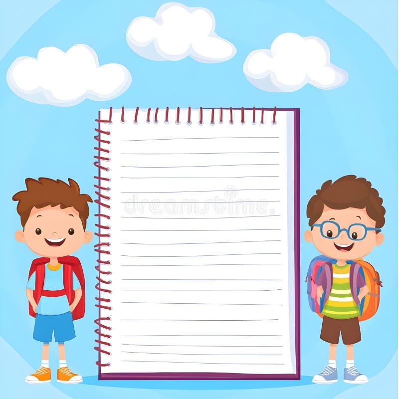 Two Cheerful Children Stand beside a Large Blank Notepad Against a Blue ...
