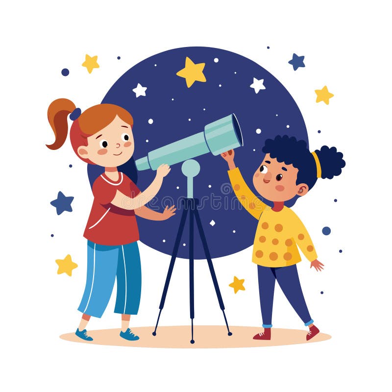 Children Exploring the Cosmos: Vector Illustration of Two Kids Using a ...