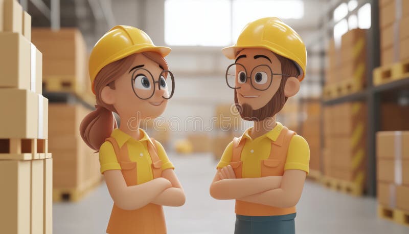 Two Cheerful Employees in a Warehouse Making Eye Contact and Sharing ...
