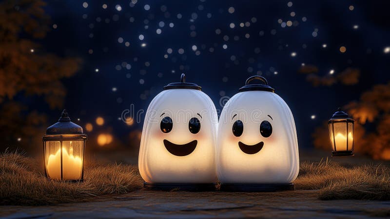 Two Cheerful Ghost Lanterns Glowing in the Night Under a Starry Sky ...