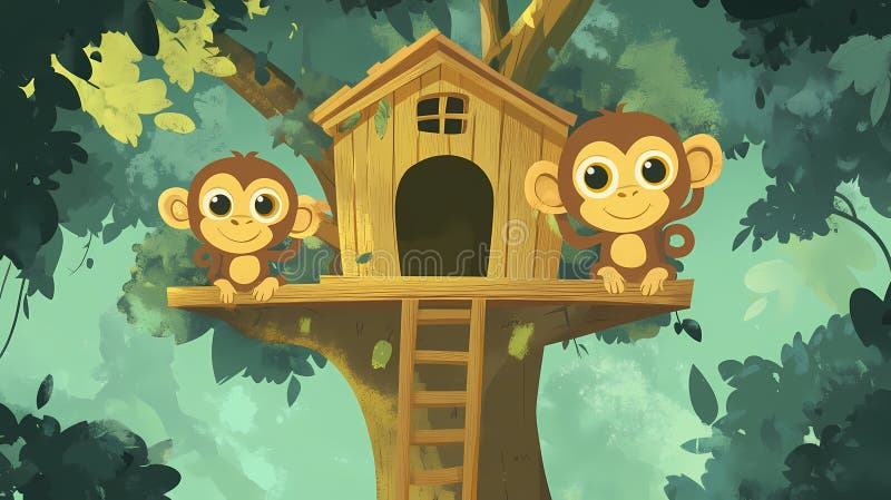 Two Cheerful Monkeys beside a Treehouse in a Vibrant Forest Setting ...