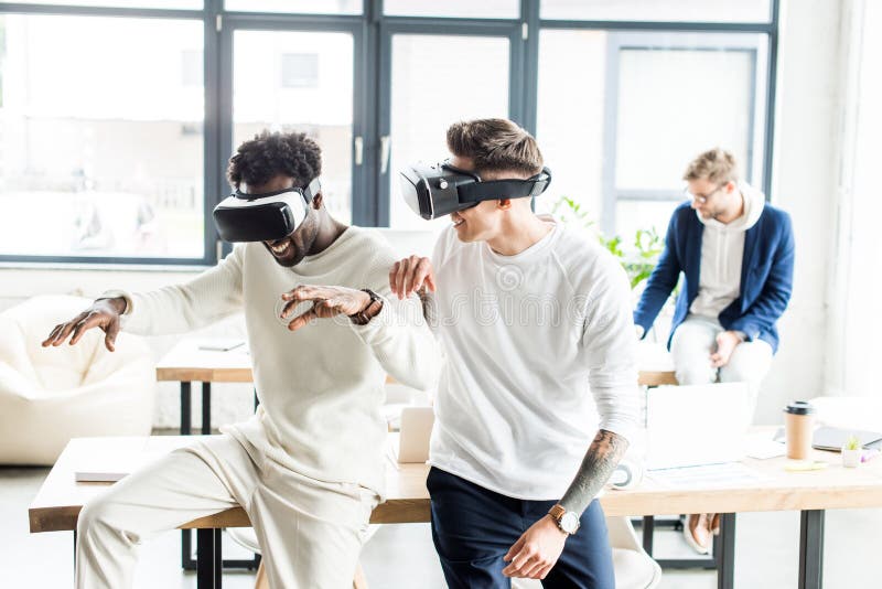 Two Cheerful Multicultural Colleagues Using Vr Stock Image - Image of ...