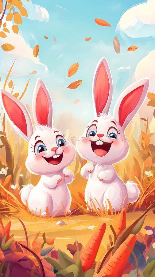 Two Cheerful Rabbits in a Vibrant Autumn Landscape with Falling Leaves ...
