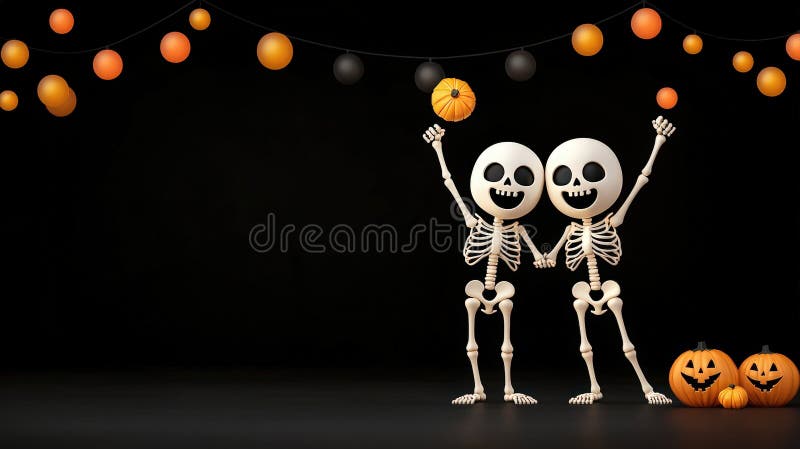 Two Cheerful Skeletons Celebrating with Pumpkins and Festive Lights ...