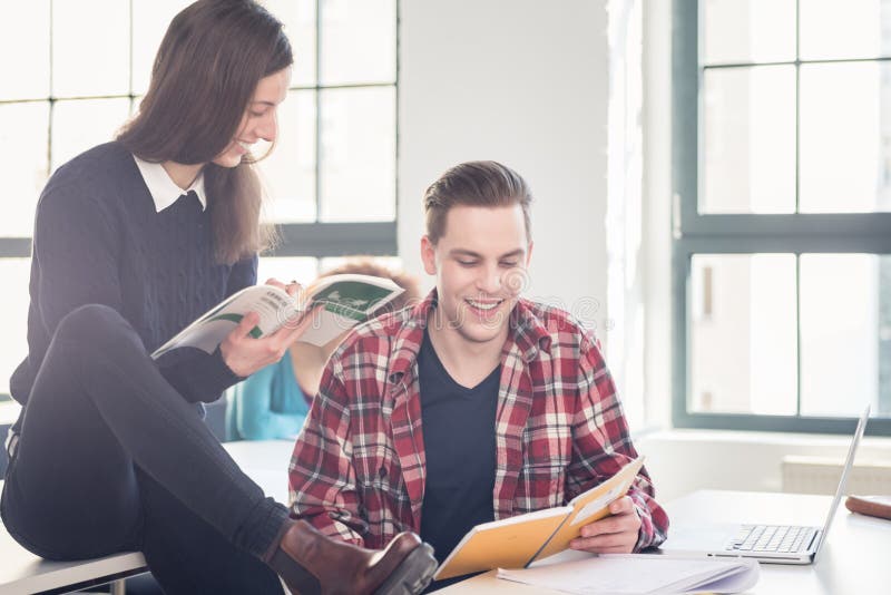 Two Cheerful Students Checking Information and Knowledge Stock Image ...