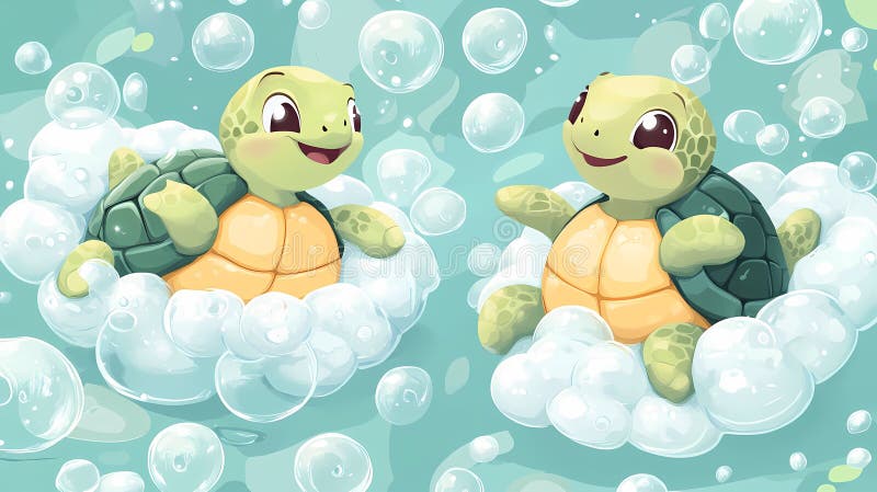 Two Cheerful Turtles Floating in Bubbles, Creating a Playful and ...