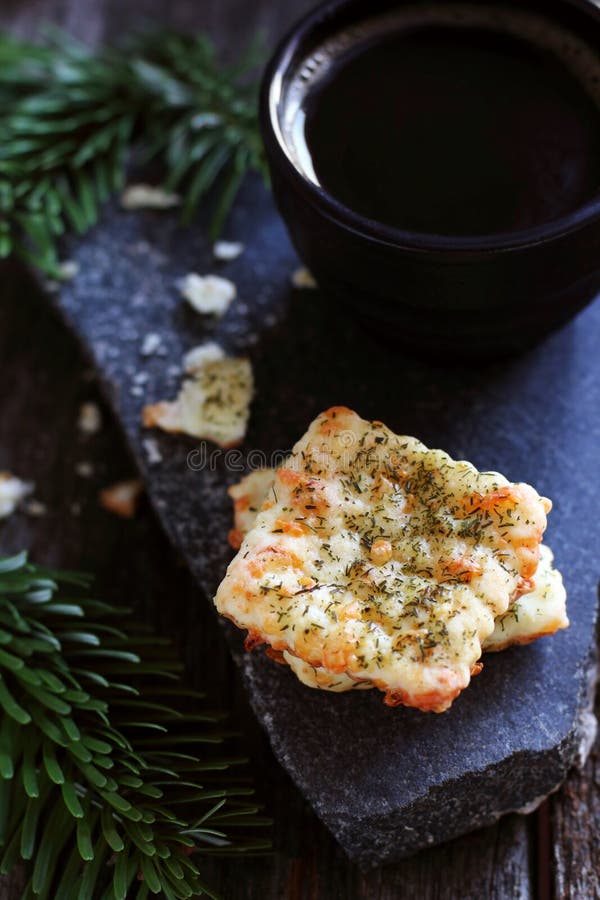 Two Cheese Crackers and Black Coffee Stock Image - Image of cheese ...