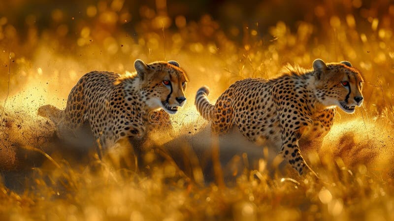 Two Cheetah Running on Savannah Stock Illustration - Illustration of ...