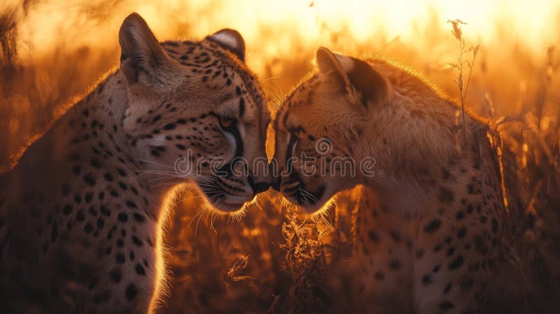 Two Cheetahs Nuzzling at Sunset in African Savanna Stock Illustration ...