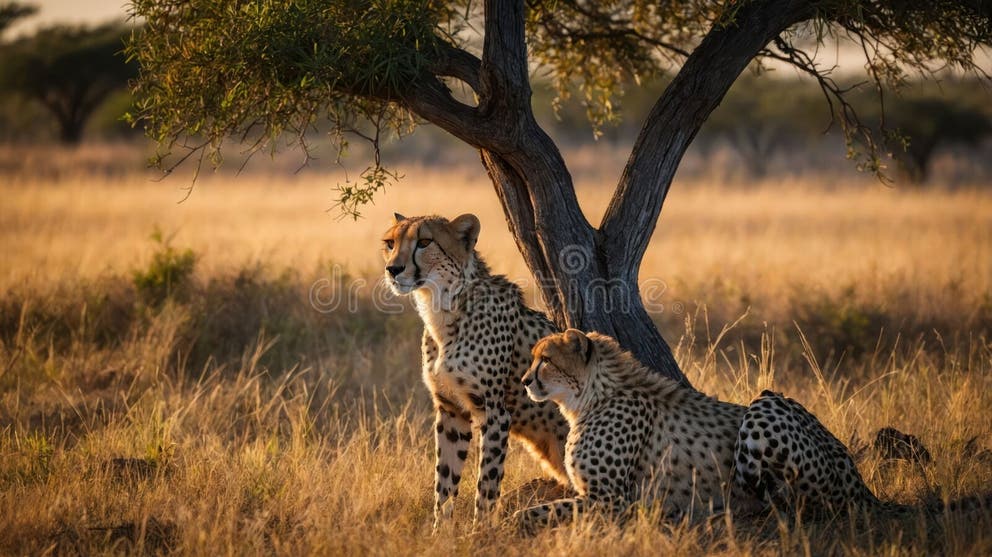 Two Cheetahs Resting Under a Tree in a Golden Grassland during Sunset ...