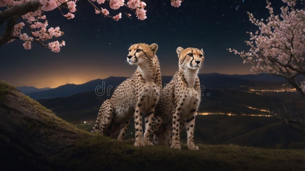 Two Cheetahs at Night Under Cherry Blossoms Stock Illustration ...