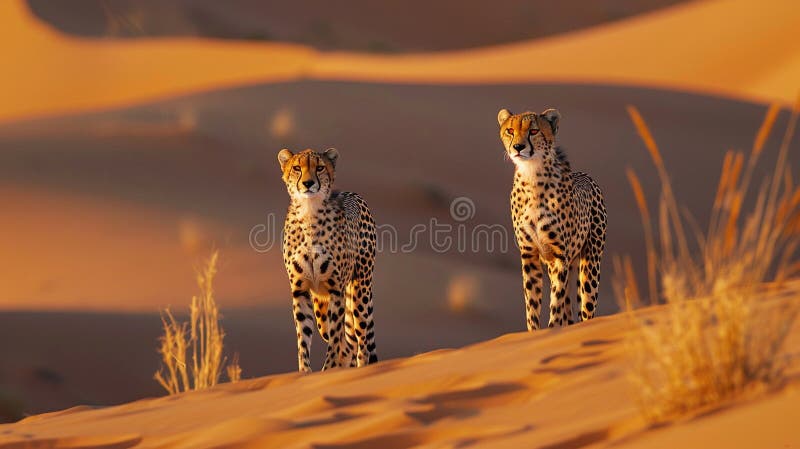 Two Cheetahs Standing on a Sand Dune, One of Them Looking at the Camera ...