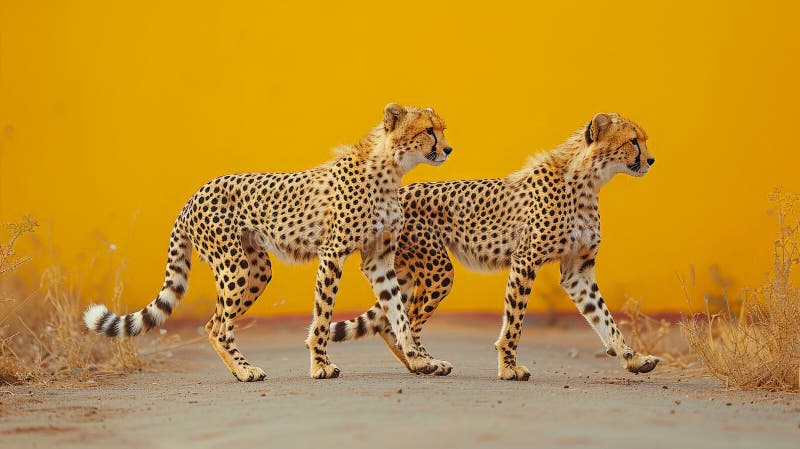 Two Cheetahs Walking on a Yellow Background Stock Illustration ...