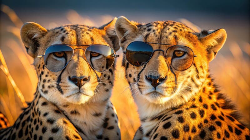 Two Cheetahs Wearing Aviator Sunglasses at Sunset, Side by Side ...