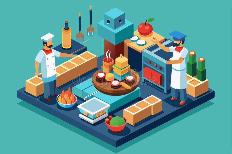 Two Chefs Collaborate in a Vibrant Kitchen, Preparing Various Dishes ...