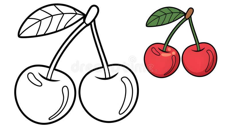 Cherry Coloring Page with a Colored Example in Cartoon. Fruit Learning ...