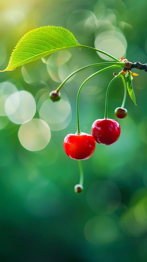 Two Cherries on a Branch with Green Leaves Stock Image - Image of stem ... Two Cherries on a Branch with Green Leaves Stock Image - Image of stem ...